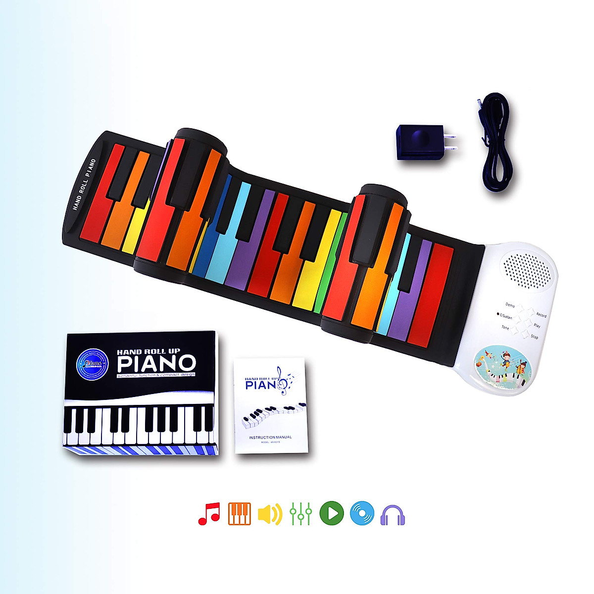 iLearnMusic Roll Up Piano | Portable Keyboard Piano | Hand Roll Electric Piano Keyboard | Premium Silicone & Built-In Speakers (88 Keys, White)