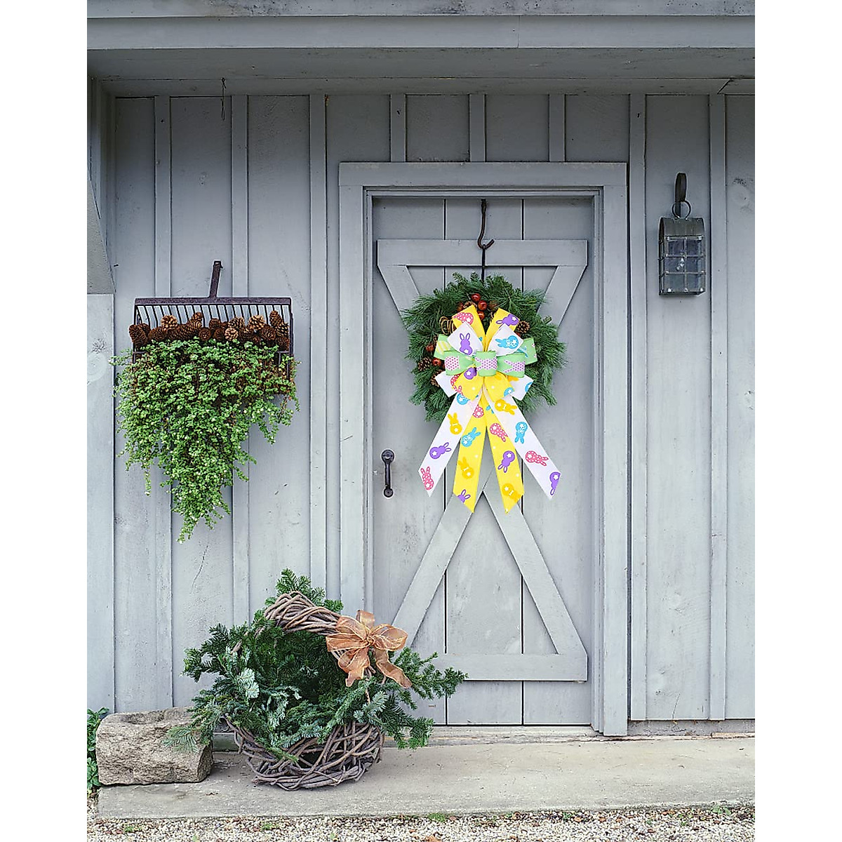 Large Easter Bows for Wreath, Green White Yellow Burlap Ribbon Bow Easter Rabbits Wreath Bows Holiday Spring Bows for Front Door Easter Party Decorations Supplies