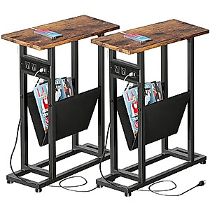 LAKEMID Narrow Side Table Set of 2 with Charging Station, Skinny Side Tables with Storage, Slim End Tables for Small Spaces with USB Ports for Living Room, Bedroom, Rustic Brown