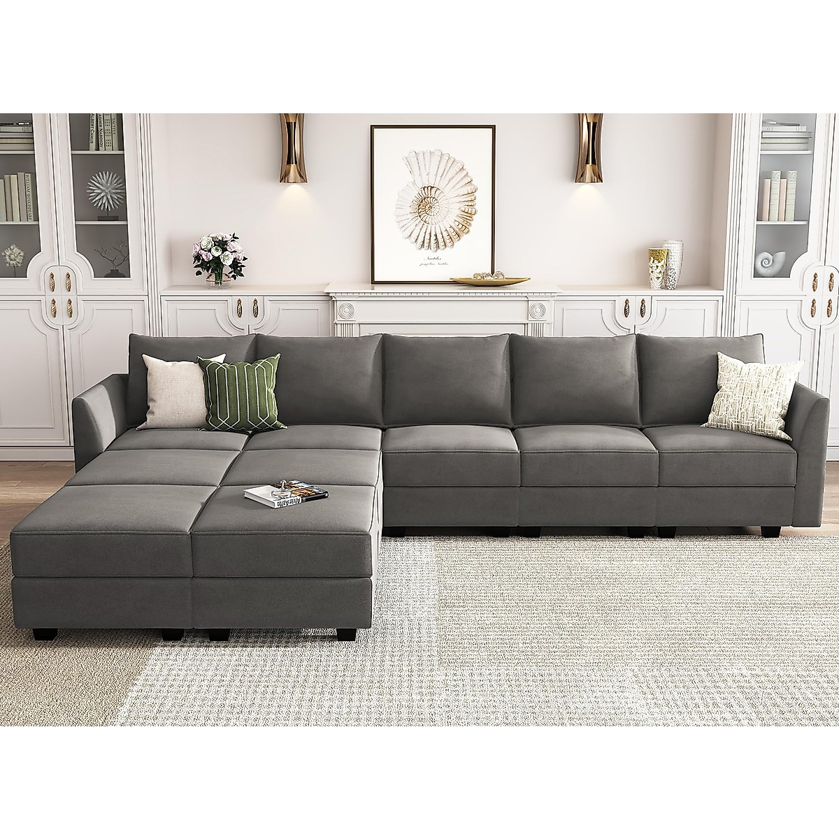 HONBAY Reversible Modular Sofa Couch with Chaise L Shaped Sectional Sofa Oversized Velvet Modular Sofa Sleeper with Storage Seats, Grey