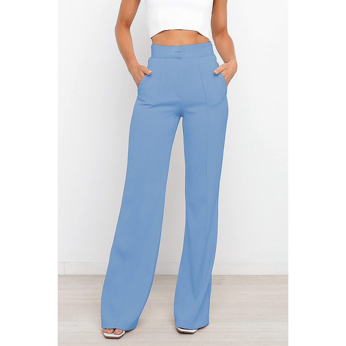 Kocowoo Women's Causal High Waisted Wide Leg Pants, Bootcut Dress Pants for Women, Work Pants with Pockets for Women Office Light Blue