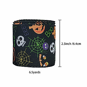 WOOPSOO 5Rolls Halloween Wired Edge Ribbon Spider Web Bat Ribbon Ghost Ribbon Halloween Wired Polyester Ribbon 2.5 Inch x 32 Yards, Present Wrapping Crafts,Autumn Wreath Home Decoration