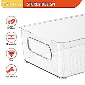 Tasmy Set of 4 Refrigerator Organizer Bins - Stackable Fridge Organizers with Handles for Freezer, Kitchen, Countertops, Cabinets - Clear Plastic Pantry Food Storage Rack, BPA Free