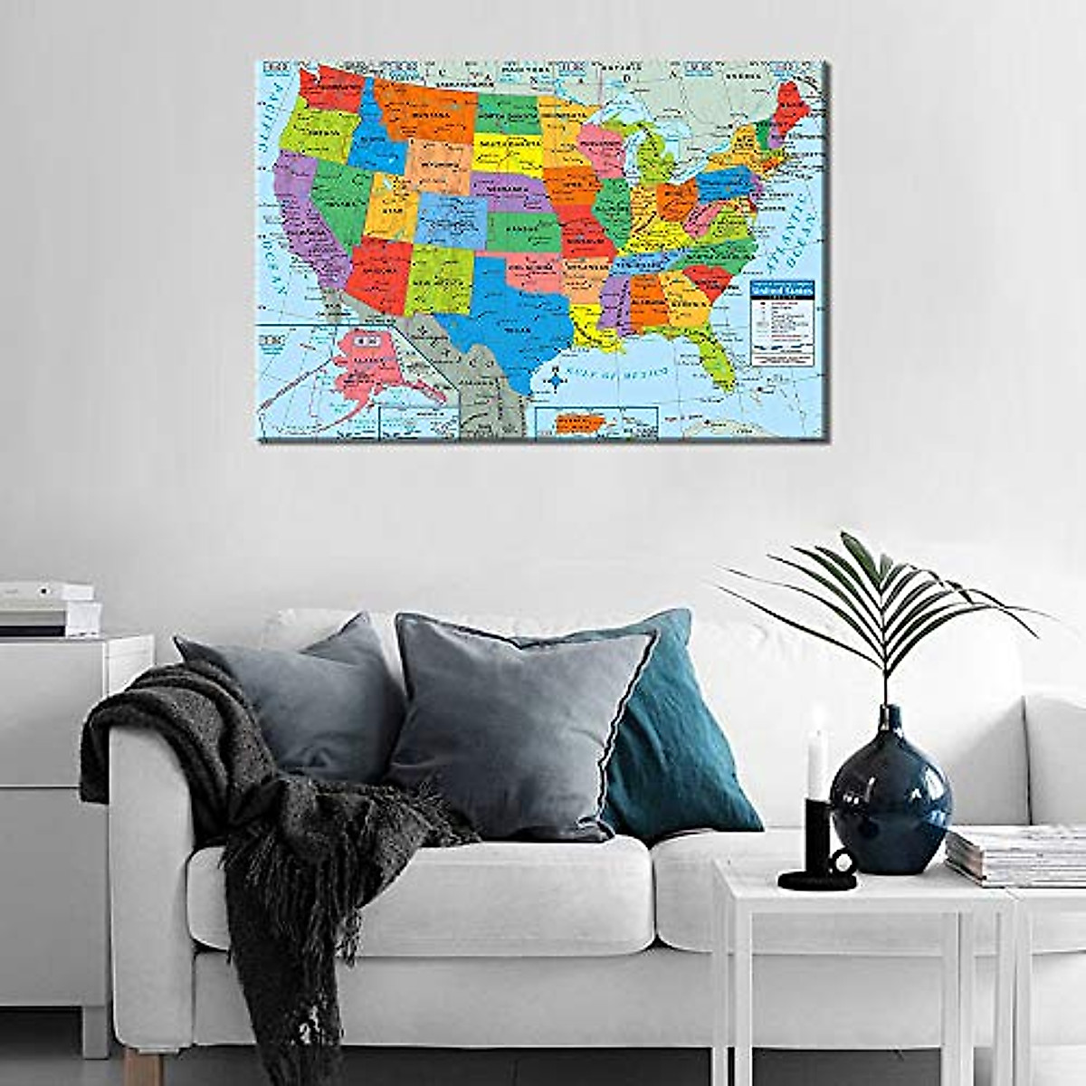 General America Map Wall Art Painting Detailed USA Map Pictures Print On Canvas Art The Picture for Home Modern Decoration Single Panel Modern Wall Decor Stretched and Framed Ready to Hang(12"Wx18"H)