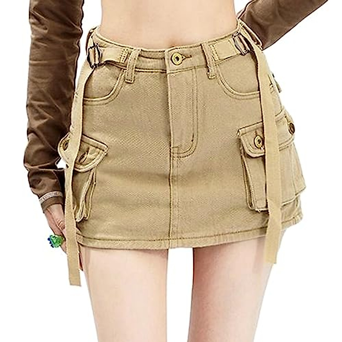 Khaki Mini Cargo Skirt for Women Low Waist Y2k Short Denim Jean Skirt (Khaki, M)
