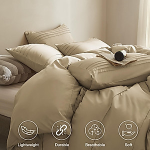 JELLYMONI Queen Size Khaki Duvet Cover Set - 3PCS Microfiber Bedding Set, Stylish Pleated Design, 8 Corner Ties & Zipper Closure, Ultra Soft and Comfortable