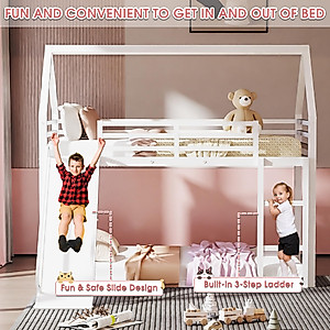 DreamBuck Bunk Bed Twin Over Twin, Metal House Shaped Bunk Bed with Convertible Slide and Ladder, Low Bunkbeds with High Guardrail for Kids Girls Boys, No Box Spring Needed, Without Noise, White