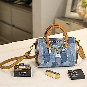 Mini Small Denim Purse Jean Purse Boston Barrel Bags Quilted Checkered Purse Top Handle Canvas Tote Bag Crossbody bags Satchel Handbag for Women,Blue