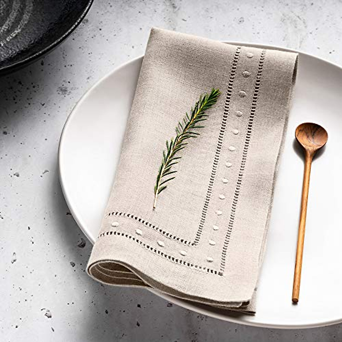 Linen Napkins - Natural 18 x 18 inch, Set of 4 Hemstitch Dinner Napkins Cloth with Embroidered Dot - Cloth Napkins from 100% French Flax, Natural Fabric
