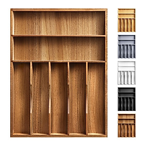 ORIDOM Expandable Bamboo Kitchen Drawer Organizer for Cutlery and Utensils, Adjustable Bamboo Wood Cutlery Tray in Drawer for Flatware and Silverware in Kitchen, 5-7 Slots, (Black)