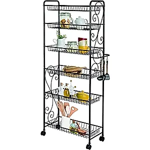 HLC 6 Tier Freestanding Metal Bathroom Kitchen Storage Shelf Rack with Wheels Black