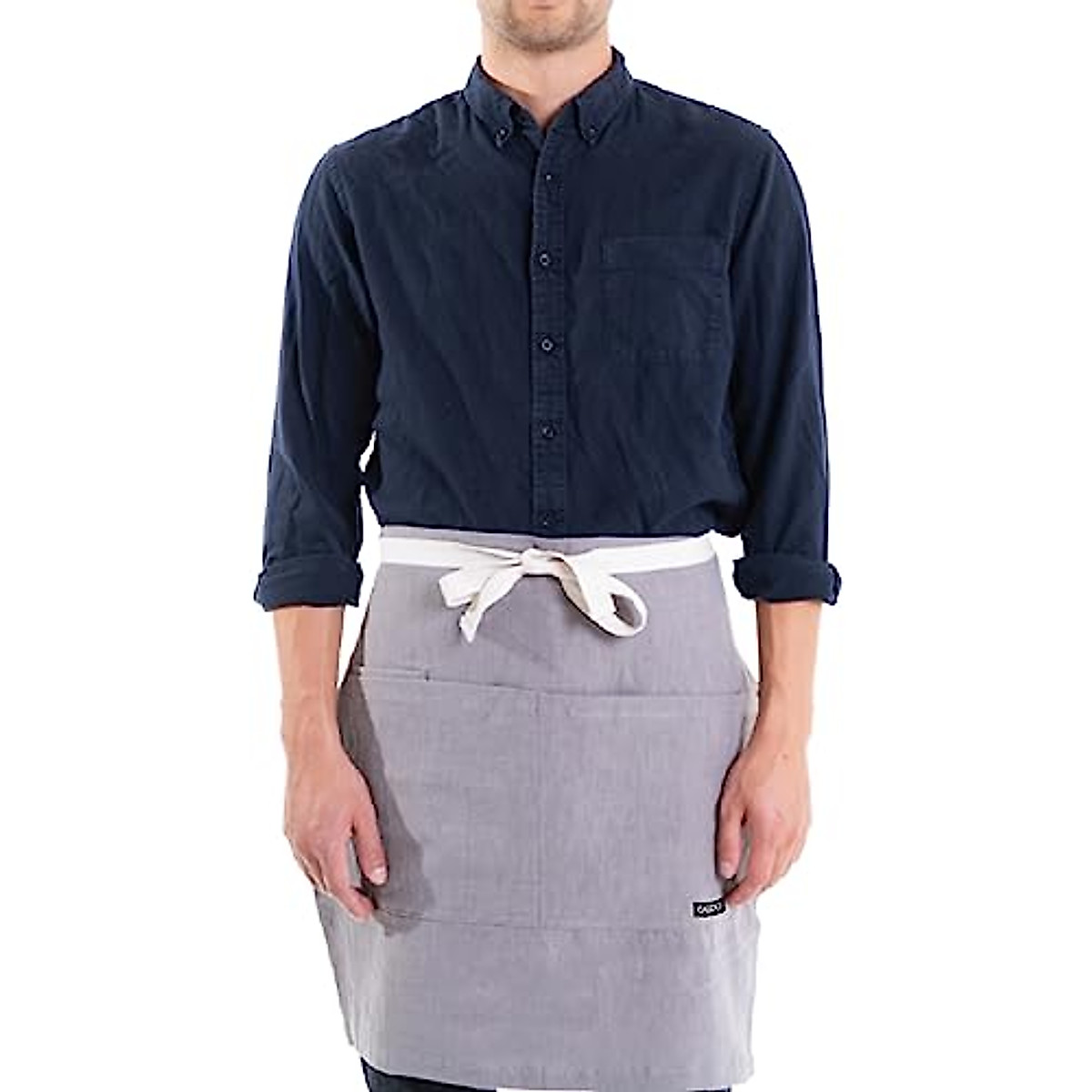 Caldo Linen Bistro Cafe Apron - Professional Grade with Pockets, Half Kitchen Apron, Mid Length 23 x 23, 40 Inch Waist Ties - Durable Unisex Uniform- Server or Chef (Grey)