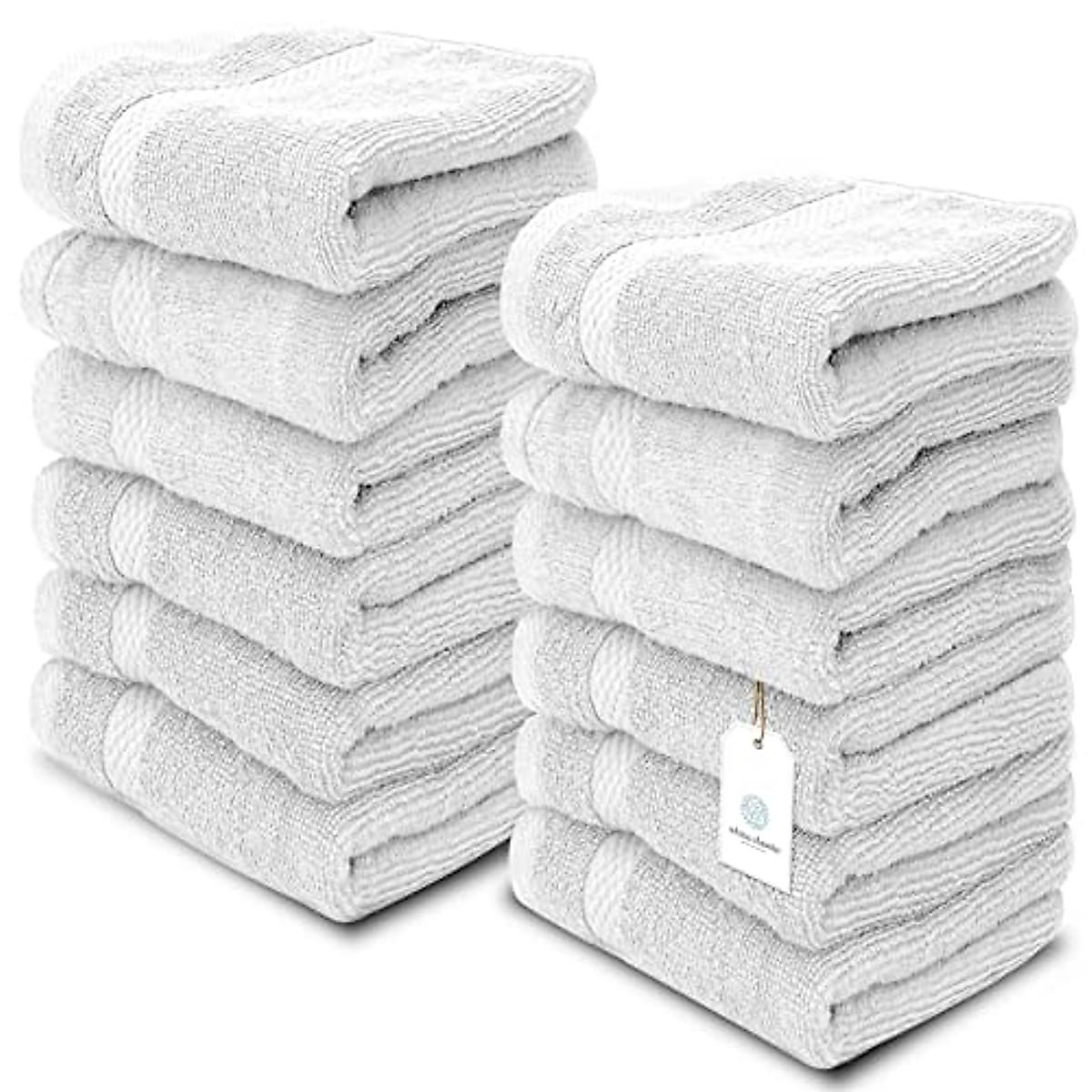 White Classic Luxury Hand Towels | 6 Pack Luxury Cotton Washcloths | 12 Pack Bundle (Silver)