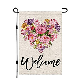 CROWNED BEAUTY Spring Garden Flag Floral Welcome 12×18 Inch Double Sided Outside Purple Flowers Heart Vertical Holiday Yard Decor