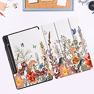 DONGKE Case for Samsung Galaxy Tab S8 Plus 2022 / S7 FE 2021 / S7 Plus 2020 12.4 Inch with S Pen Holder [SM-X800/X806/X808], Ultra Thin Lightweight Trifold Stand + Auto Wake/Sleep, Floral