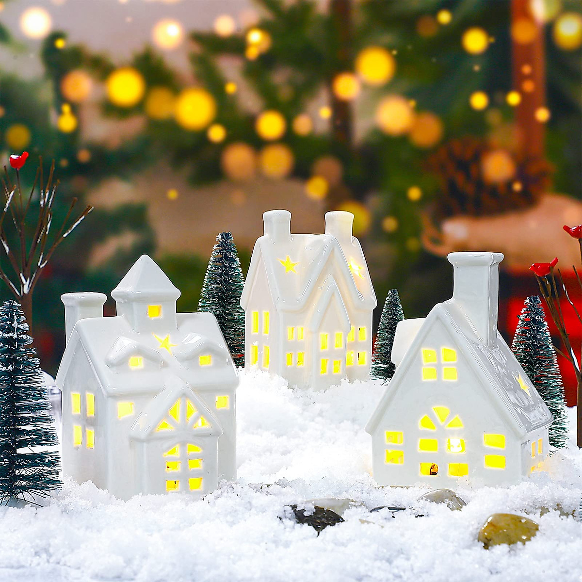 9 Piece Miniature Christmas Village with LED Lit Porcelain Houses, Figurines, Trees, Fences and Accessories