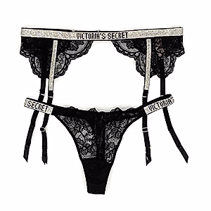 Victoria's Secret Bombshell Shine Strap Thong Panty and Garter Belt Bundle, Black Lace, Medium