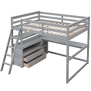 Full Loft Bed with Desk and Storage Drawers, Wood Full Size Loft Bed with Storage Shelves, Angled Ladder and Wood Slat Support, High Loft Bed for Kids, Teens, Adults Boys & Girls, Gray