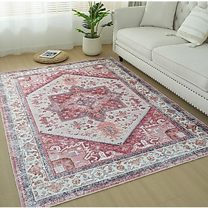 BRICHOEE 8x10 Rugs for Living Room Boho Washable Rug Large Non-Slip Distressed Area Rug Oriental Neutral Print Floor Rug Indoor Stain Resistant, Berry Multi