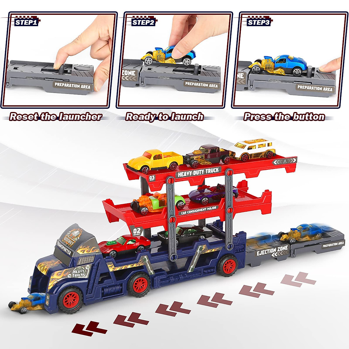 Aoskie Transport Car Carrier Truck Toy for Boys and Girls, Hauler Launch Vehicles Play Set with Mini Cars and Road Signs