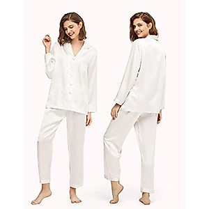 LilySilk Silk Pajamas for Women Button Up Pajamas Set for Ladies Girls Soft Maternity Pajamas Birthday Bridal Party Gift for Christmas Anniversary Valentine's day, Natural White M