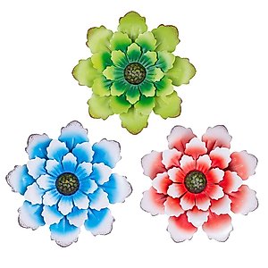 TIANCENTRAL H Rustic Metal Flower Farmhouse Home Decor Durable Wall Art Hanging Flowers for Living room Bedroom Bathroom Decor Indoor Outdoor Garden Decor Flowers Green/Rust Red/Blue Pack 3 by 12.5"