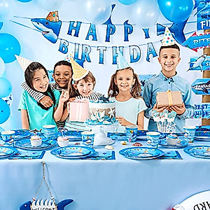 WERNNSAI Shark Party Supplies Set - 64PCS Ocean Shark Birthday Party Paper Plates Cups Napkins Tableware for Boys Kids Baby Shower Blue Shark Summer Pool Party Decor