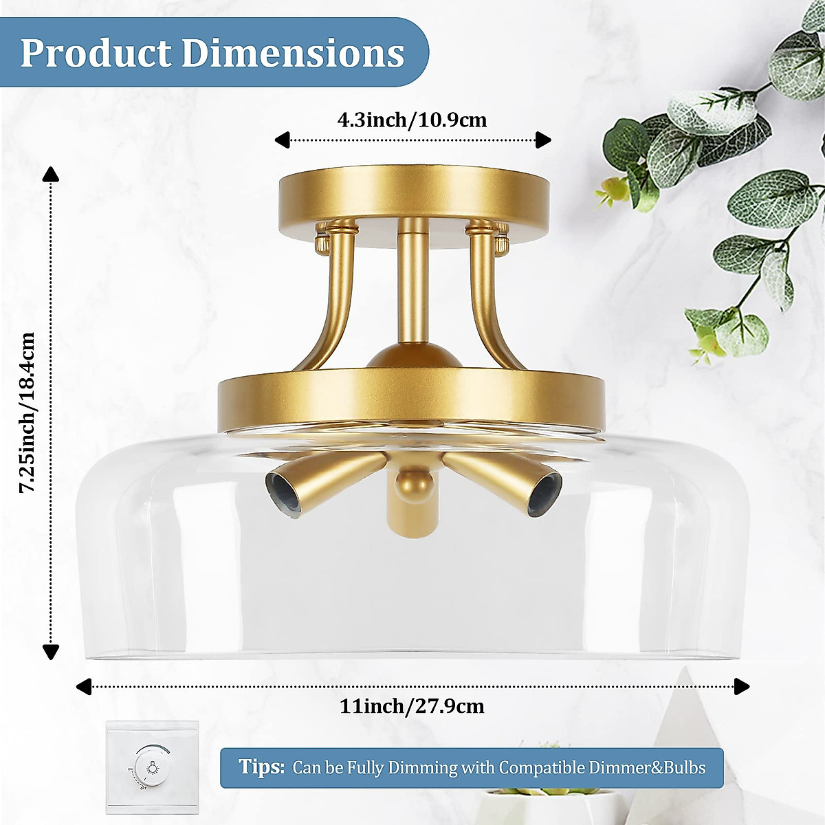 3-Light Gold Semi Flush Mount Ceiling Light Fixture, Modern Drum Glass Shade Ceiling Lamp for Living Room, Kitchen, Bedroom, Hallway, Bathroom, Laundry - E12 Socket, No Bulbs