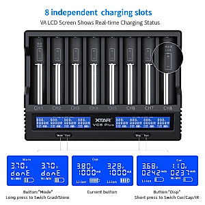 XTAR VC8 Plus Fast LCD Display Rechargeable Battery Charger with DC36W Adapter max 3A 1 Slots/8 Slots 1A Fast Charge 10400 14500 18650 20700 21700 26650 or 1.2V Ni-MH Ni-Cd AA AAA