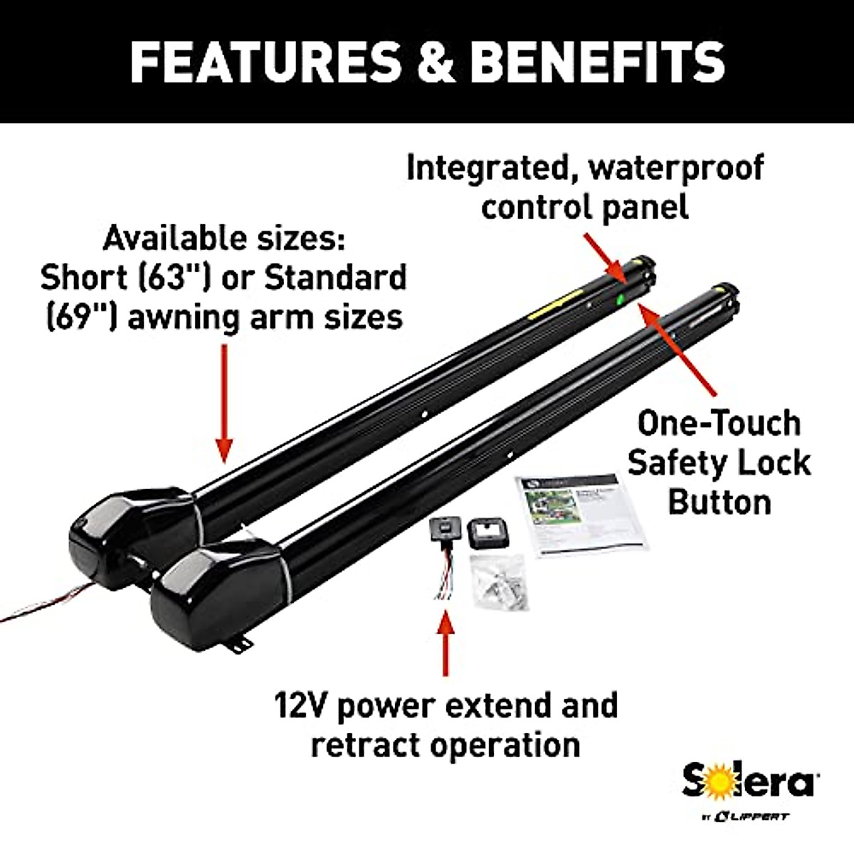 Solera 12V Smart Arm 69" Awning Hardware Kit for 5th Wheels, RVs, Travel Trailers, Power Extend and Retract, Safety Lock Button, Weatherproof - 759517