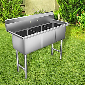 HARDURA Stainless Steel Kitchen Sink With 3 Compartments, Commercial Sink Freestanding NSF Certified Utility Basin 10" L X 14" W X 10" D Bowl For Kitchen & Restaurant, Laundry Room