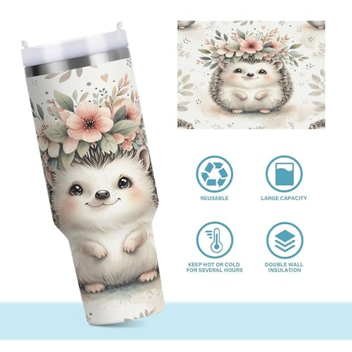 Maunzc 30 oz Tumbler with Handle and Straw, Insulated Stainless Steel Travel Mug with Lid for Coffee, Iced Tea, Water, Gift for Men Women (Watercolor Hedghog)