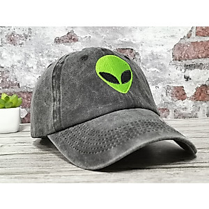 Hepandy Embroidered Green Alien Head Baseball Cap for Kids Women Men, Washed Black Embroidery Trucker Hat, Adjustable Snapback Dad Hats