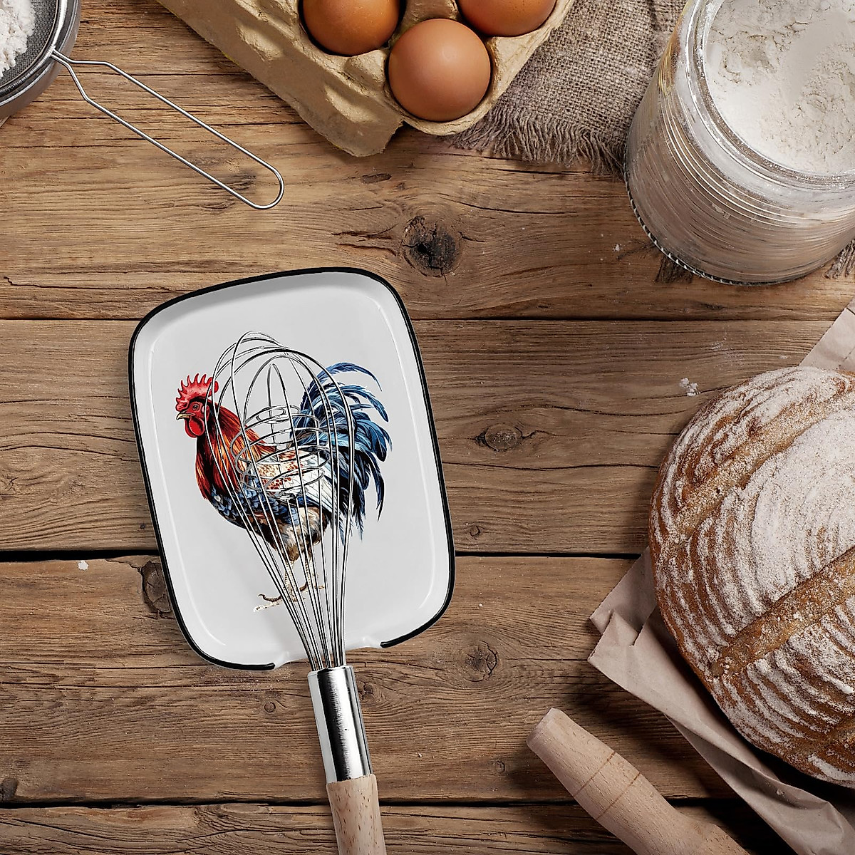 Funny Cute Rooster Patten Ceramic Spoon Rest for Kitchen Stove Top Counter, Large Spoon Holder for Kitchen Counter-Heat Resistant Cooking Utensil Rest Farmhouse Kitchen Décor (Do Not Use Dishwasher)