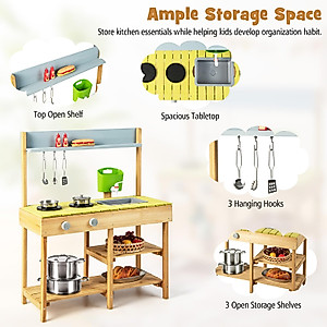 Costzon Wooden Kids Play Kitchen, Outdoor Mud Kitchen with Removable Sink, Water Box & Faucet, Stove Top, Storage Shelves, Fun Backyard Pretend Kitchen Playset for Boys Girls 3+ (Green)