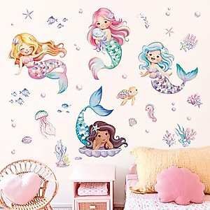 decalmile Under The Sea Mermaid Wall Decals Ocean Fish Starfish Turtle Wall Stickers Baby Nursery Girls Bedroom Bathroom Wall Decor