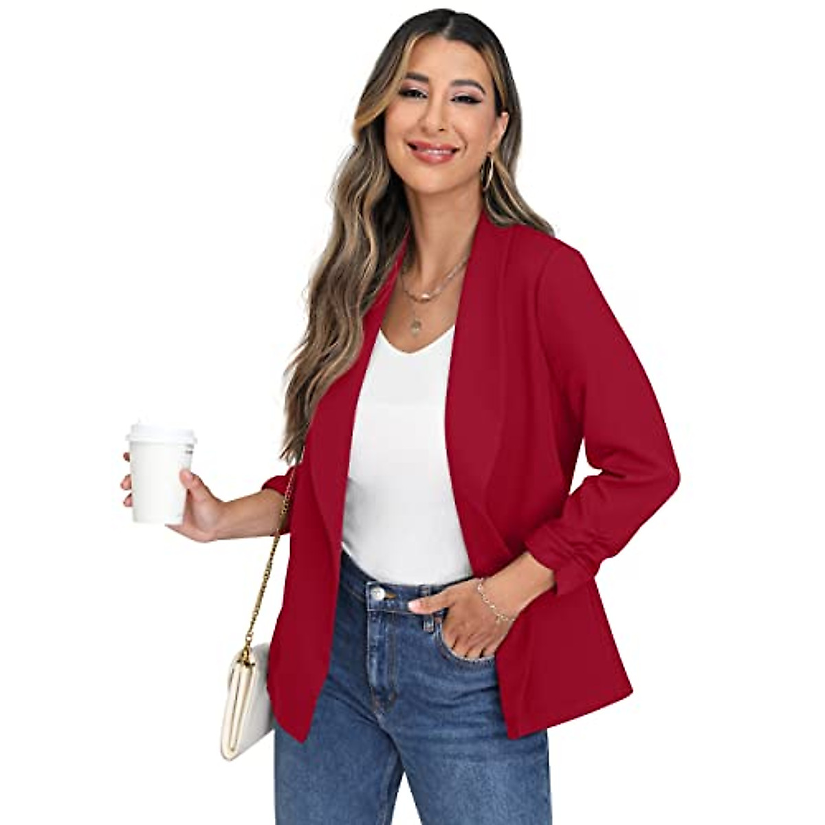 ONLYSTORY Womens Blazer Jackets for Women 3/4 Ruched Sleeve Work Casual Lightweight Blazer with Pockets Red-18