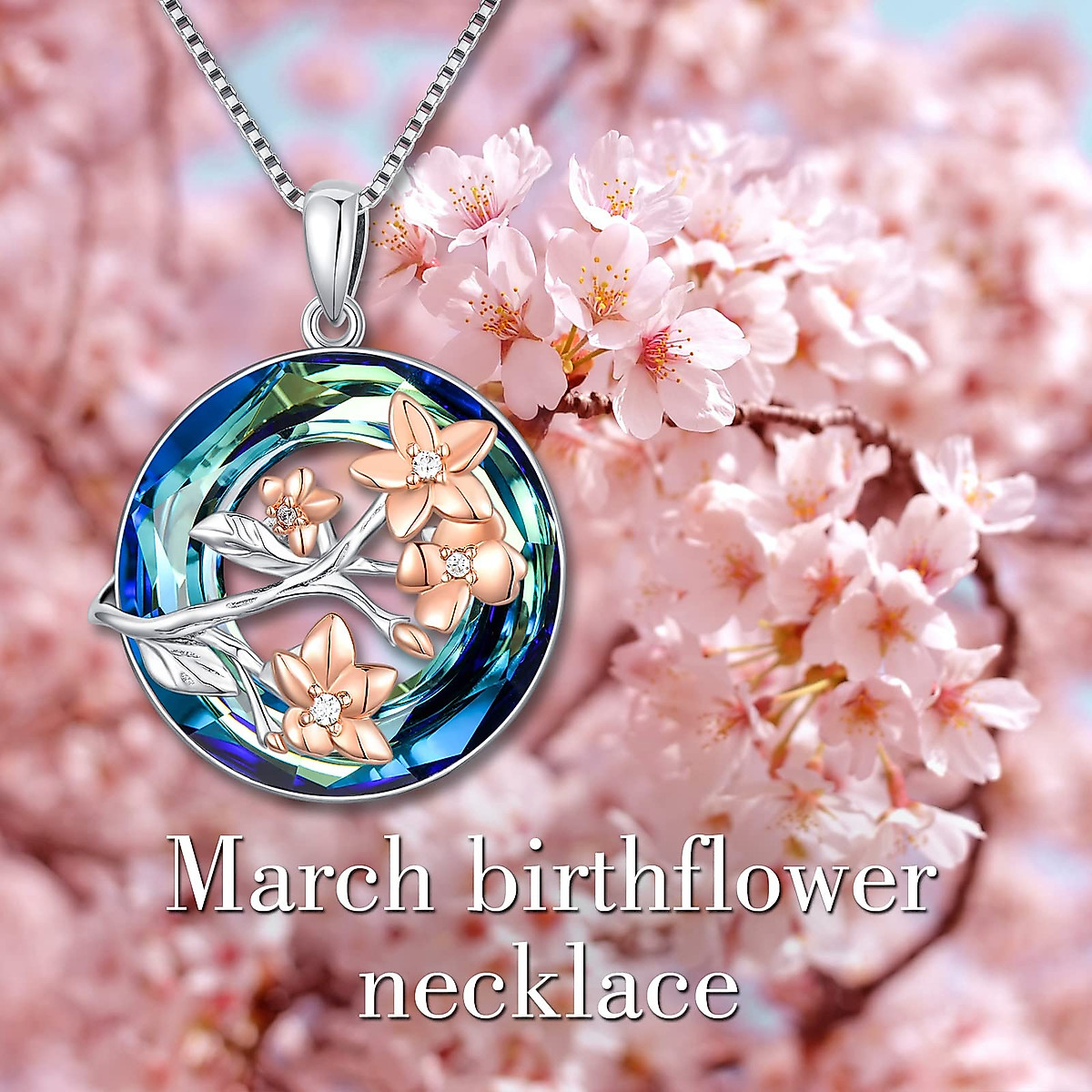 TOUPOP Cherry Blossom Necklace for Women March Birth Flower Necklaces 925 Sterling Silver Dainty Floral Pendant with Blue Circle Crystal March Birth Month Flower Jewelry Birthday Gifts