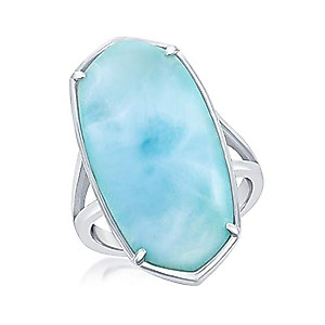 925 Sterling Silver Hawaii Natural Larimar Gemstone High Polished Long Hexagon Ring-8