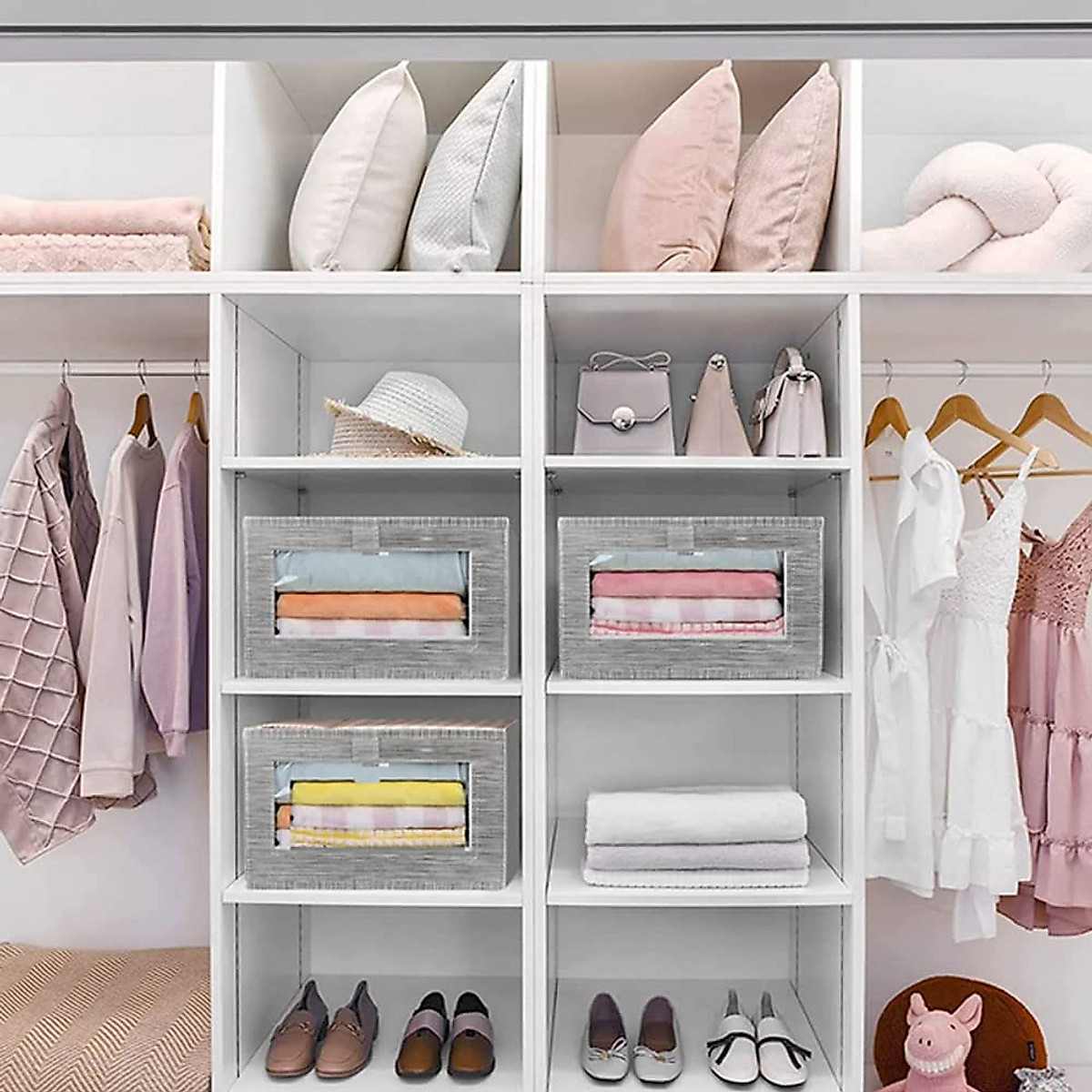 RUIBOLU Foldable Rectangle Storage Baskets for Organizing Closet Decorative Storage Bins Nursery Home Shelves Office Gift Baskets Organizational Baskets for Baby Toy, Gray, Large, 2 Pack