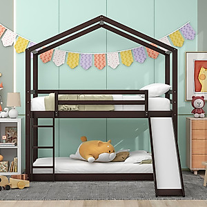 Harper & Bright Designs House Bunk Bed with Slide, Solid Wood Kids Bunk Beds Twin Over Twin with High Guardrail, Able to Split, Kids Loft Bunk Bed for Girls Boys, Easy Assembly,Espresso