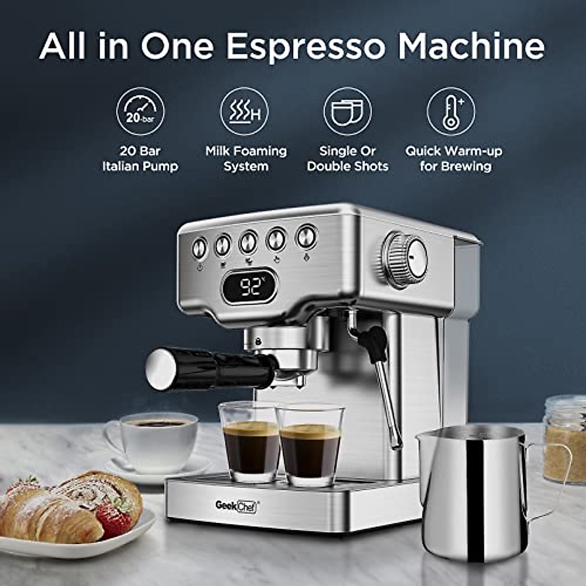 Geek Chef Espresso Machine 20 Bar, Espresso Coffee Maker with Fast Heating Automatic, Latte & Cappuccino Maker with Milk Frother Steam Wand, 1.8L Water Tank, Temperature Display, Stainless Steel