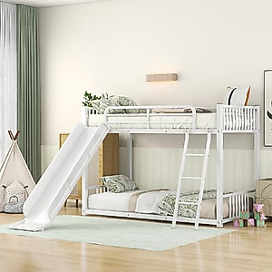 BOVZA Twin Over Twin Low Bunk Bed with Slide, Metal Bunk Bed Frame with Metal Slats Support and Guardrails for Kids Boys Girls Teens, No Box Spring Needed, White