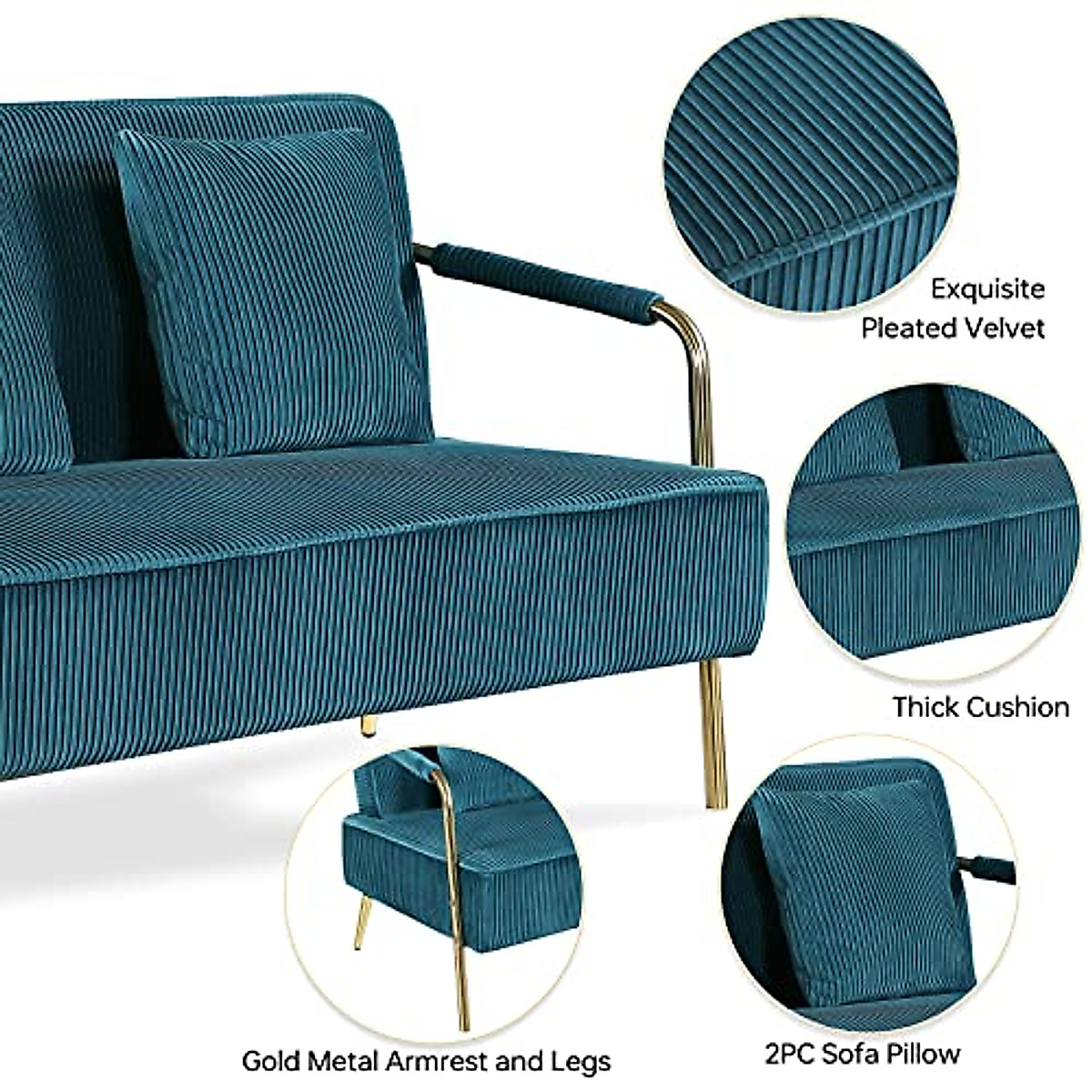Homtique Loveseat Sofa Couch, Mid-Century Modern Velvet Love Seat Pleated Upholstered with 2 Pillows and Metal Legs, 56" Small Couches for Small Spaces Living Room, Bedroom (Teal)