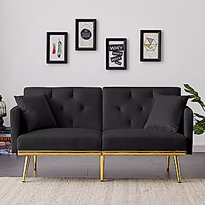 HomSof, Black Sleeper Velvet Futon with 3 Adjustable Angle, Mid Century Modern Metal Legs, Loveseat Sofa Bed