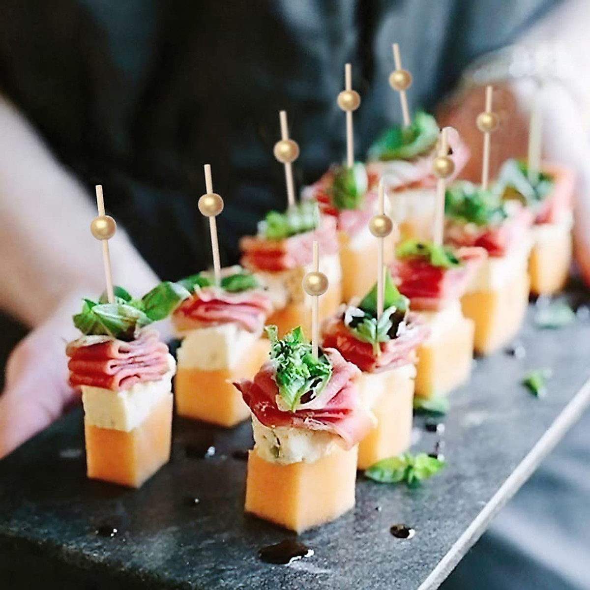 200PCS Cocktail Picks, Fancy Cocktail Toothpicks for Appetizers Picks, Handmade Bamboo Cocktail Skewers for Appetizers Fruit Party, Gold Pearl Food Picks Charcuterie Accessories (4.7 Inch)