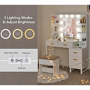 ANWBROAD Makeup Vanity Desk Vanity Set with 10 LED Bulbs Lighted Mirror Makeup Vanity Table Set with Charging Station Nightstand 3 Colors Modes Dimming Cushioned Stool Large Mirror White UBDT53W