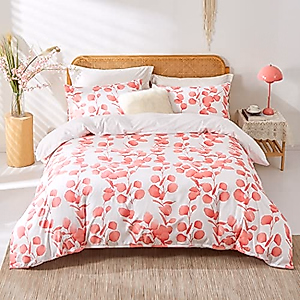 LAMEJOR Duvet Cover Set Queen Size White/Pink Leaves Floral Bedding Set Comforter Cover (1 Duvet Cover+2 Pillowcases)
