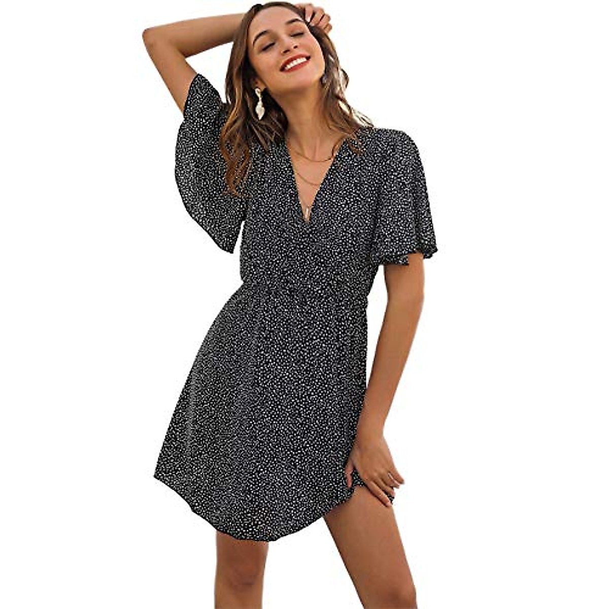 Romwe Women's Short Sleeve V Neck All Over Print High Waist A Line Summer Short Dress Black S