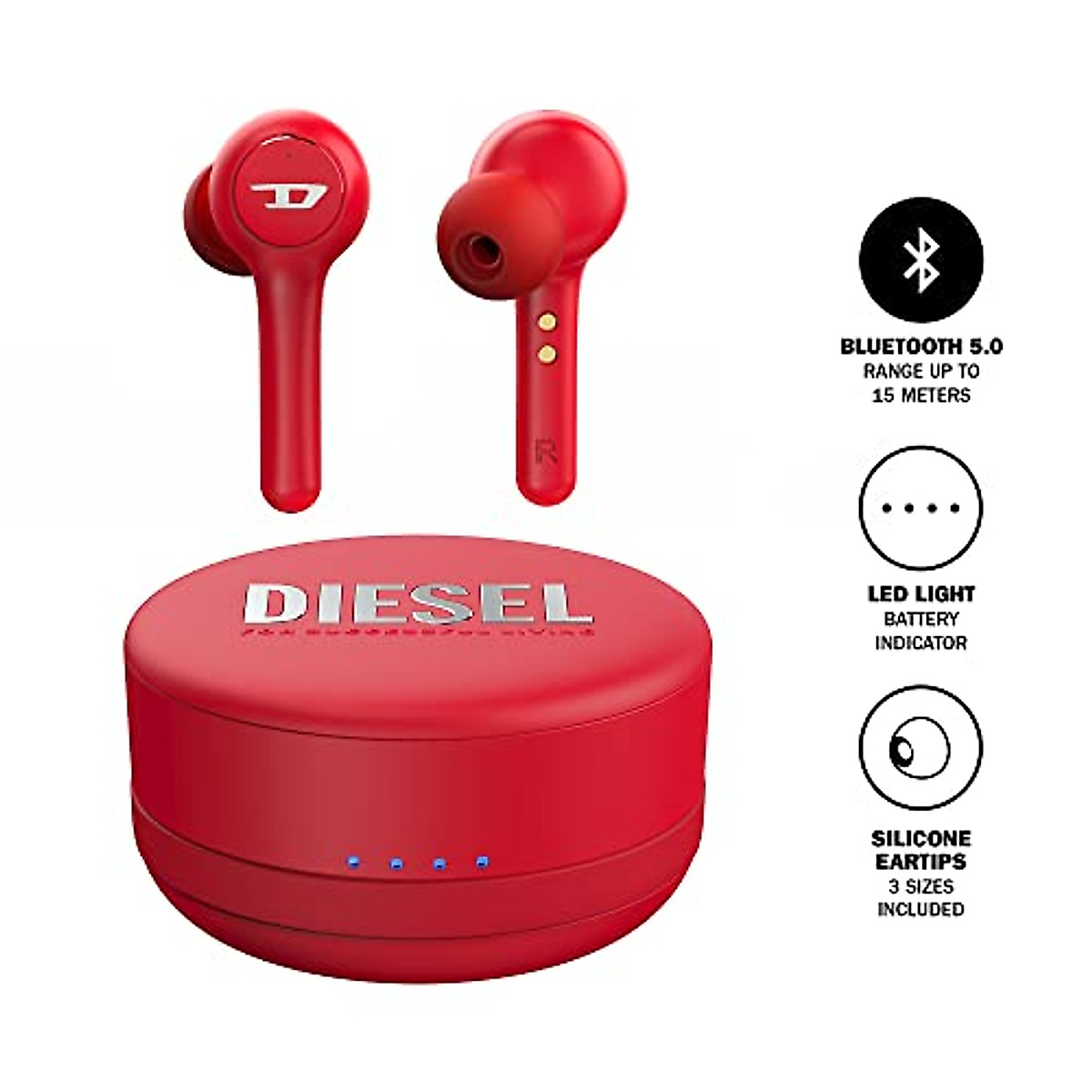Diesel True Wireless Earbuds, in Ear Bluetooth Headphones with 32 Hr Playtime, Wireless Charging Case, Waterproof Headset, LED Battery Power Indicator, iPhone and Android Compatible Earphones, Red